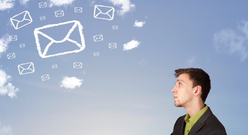 Man Looking at Mail Symbol Clouds on Blue Sky Stock Photo - Image of ...