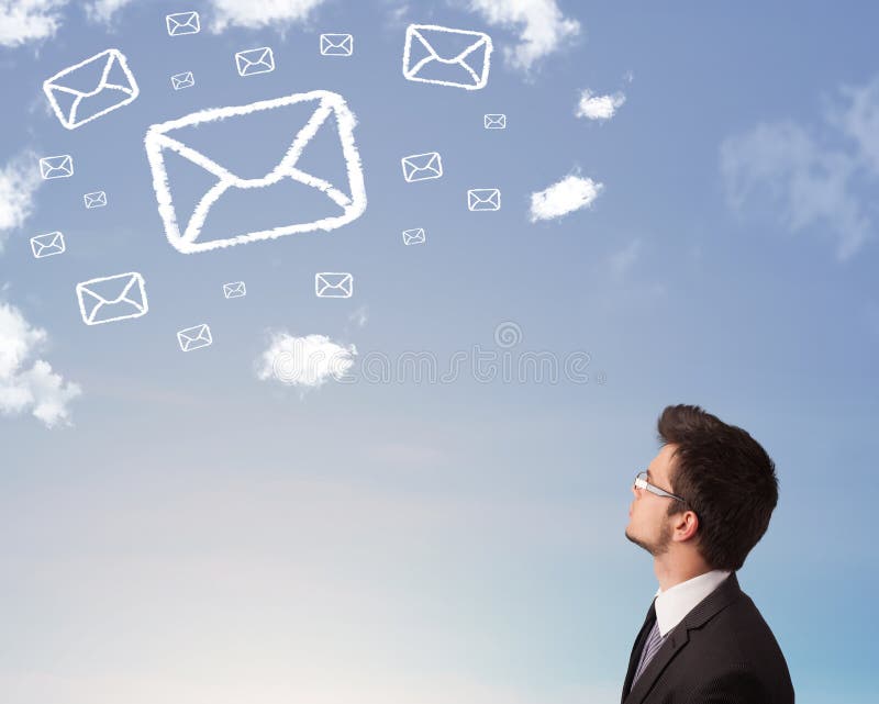 Man Looking at Mail Symbol Clouds on Blue Sky Stock Photo - Image of ...