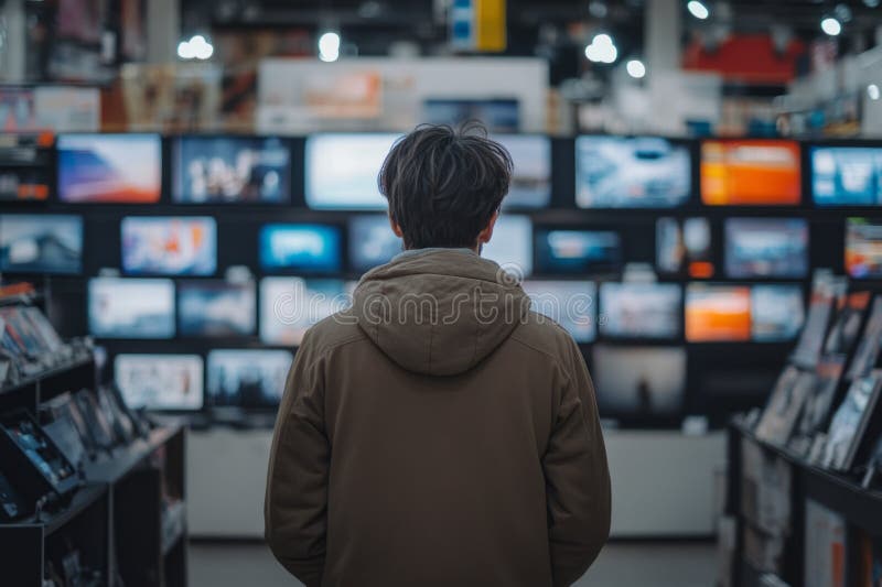 Man Looking at Many Tv Screens Showing Different Videos in a Consumer ...