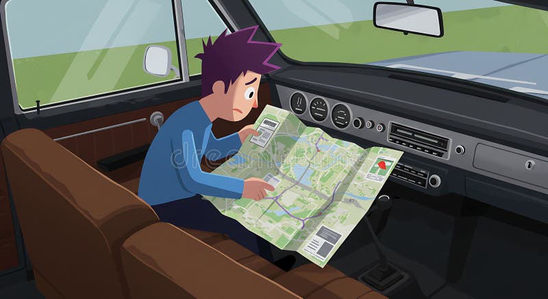 Man Looking at Map Inside Car Confused about Directions Stock ...