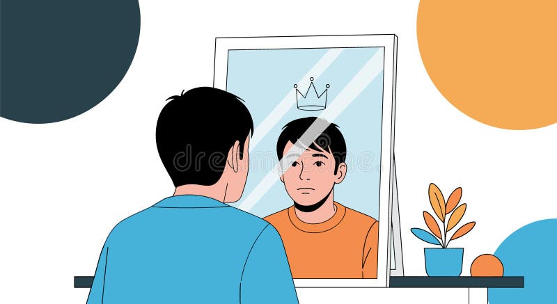 Man Looking in Mirror Seeing Crown Aspiration Motivation Potential Flat ...