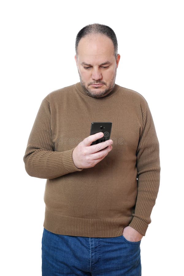 Man Looking at Mobile Phone Stock Photo - Image of caucasian, beard ...