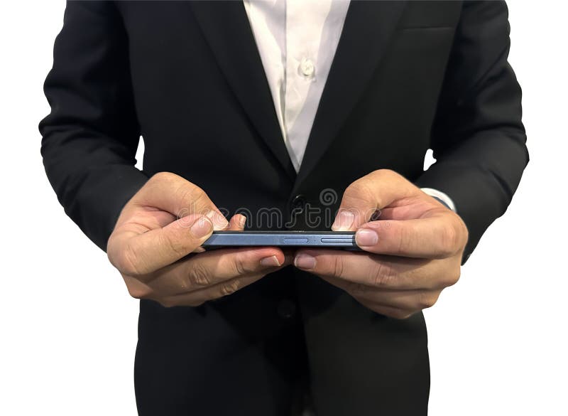 Man Looking at the Mobile Phone Screen Front View with White Isolated ...
