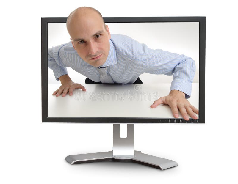 Man Looking through the Monitor Stock Photo - Image of male, front ...