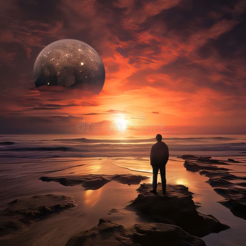 Man Looking at the Moon Over the Sea. 3D Rendering Stock Illustration ...