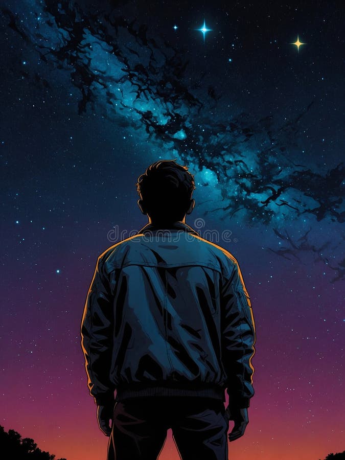 Man Looking at Night Sky Stars Comic Book Style Illustration Stock ...