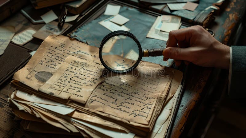 A Man Looking at Old Documents with a Magnifying Glass Stock Image ...