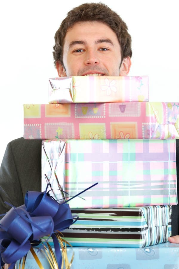 Man Looking Out from Stack of Gift Boxes Stock Image - Image of work ...