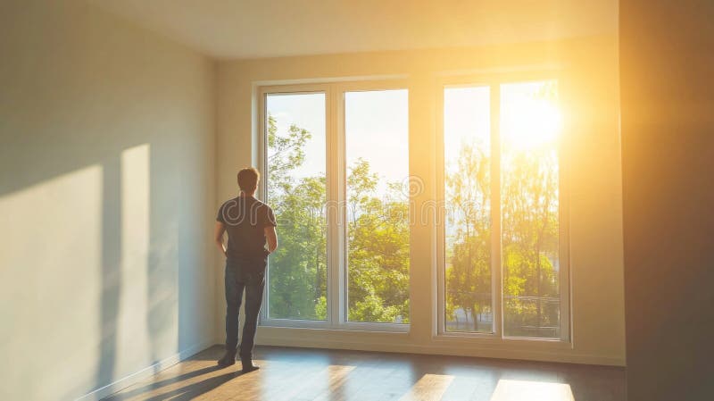Man Looking Out Window at Sunny Day with Greenery Stock Illustration ...