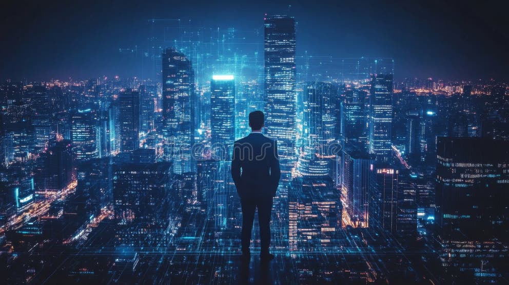 A Man Looking Over a City with Digital Network Overlay at Night Stock ...
