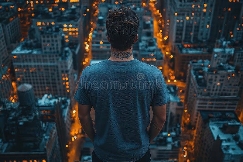Man Looking Over City Skyline at Dusk Stock Illustration - Illustration ...