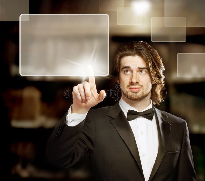 Man Looking and Pointing a Touch Screen Stock Photo - Image of male ...