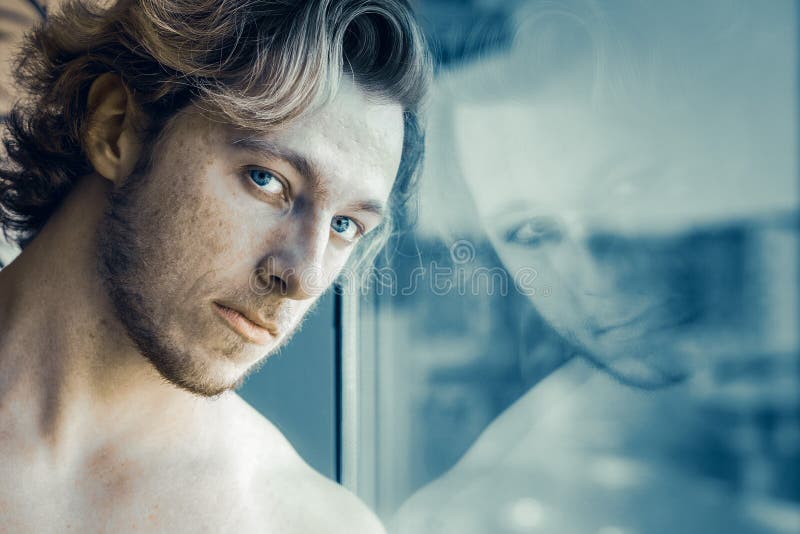 Man Looking Reflection in Glass Stock Image - Image of music, light ...