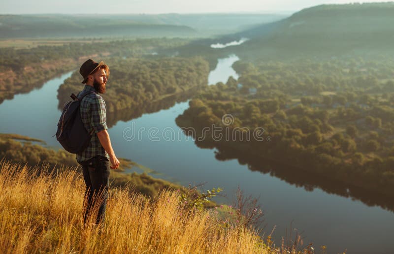 Man looking at river stock photo. Image of travel, valley - 104186004