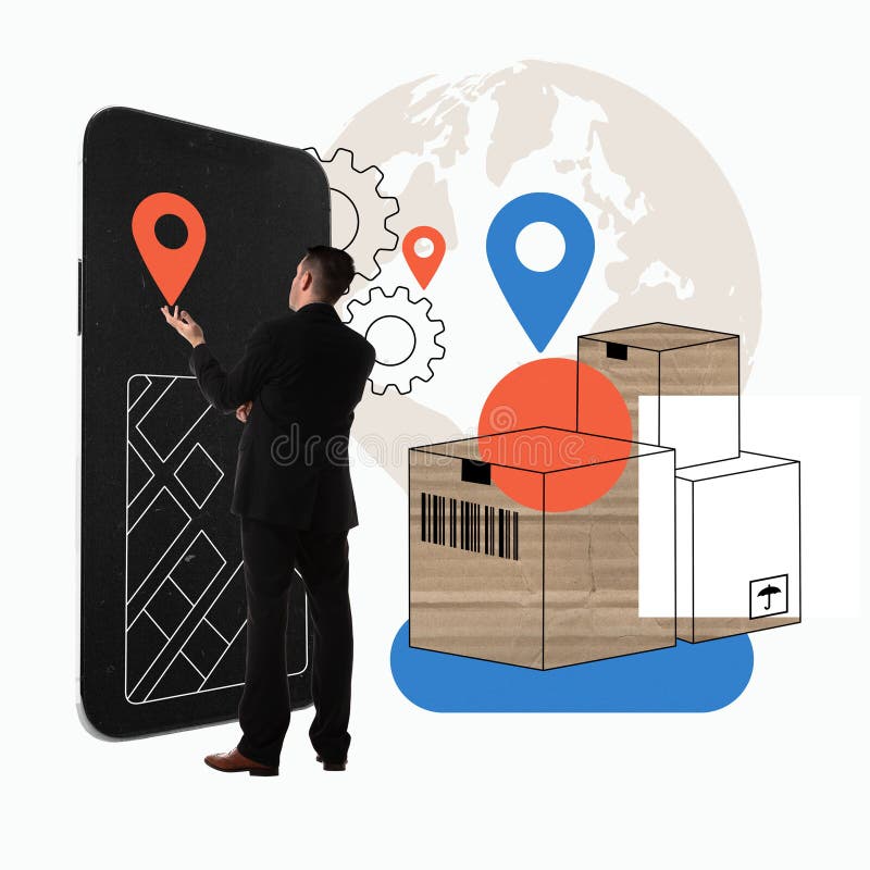 Man Looking on Smartphone with Map and Location Pins, beside Cardboard ...