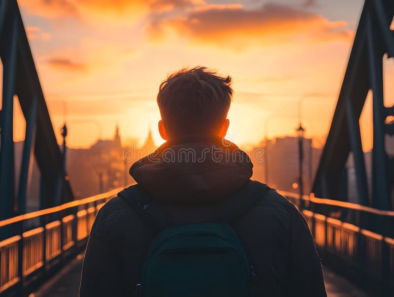 A Man Looking at the Sunset on an Old Bridge Stock Illustration ...