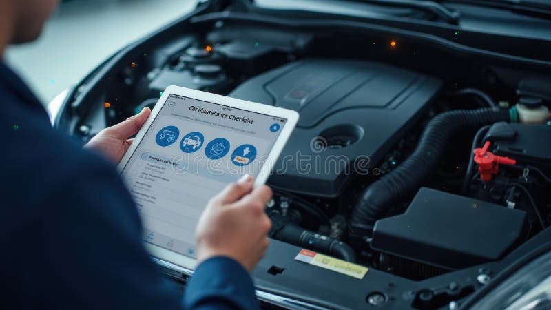 Man is Looking at a Tablet with a Car Engine on it Stock Photo - Image ...