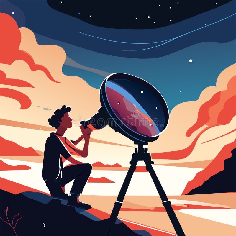 Man Looking through a Telescope at the Sunset. Vector Illustration in ...