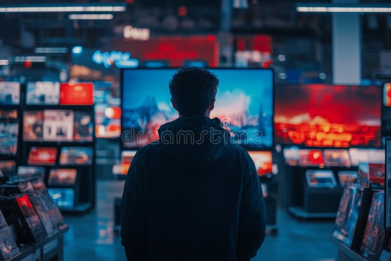 Man Looking at Television Screens in Consumer Electronics Store ...
