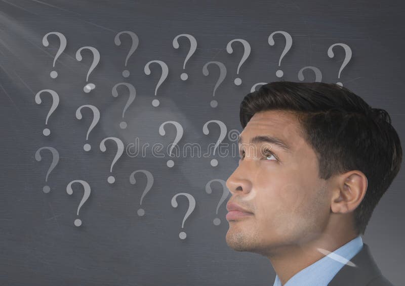 Man Looking Up at Question Marks Stock Image - Image of uncertainty ...