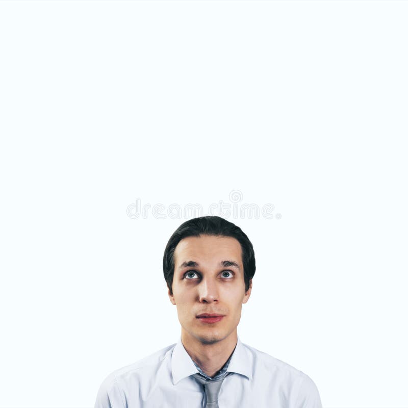 Man Looking Up in White Shirt and Tie Isolated on Blank Light ...