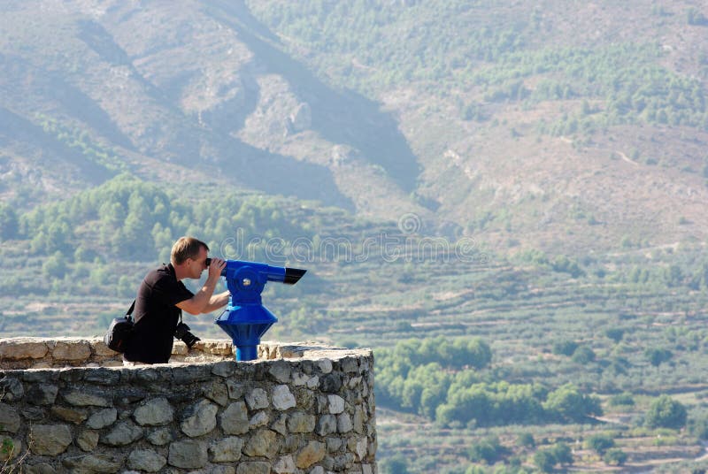 Man Looking through View Telescope Stock Image - Image of male ...