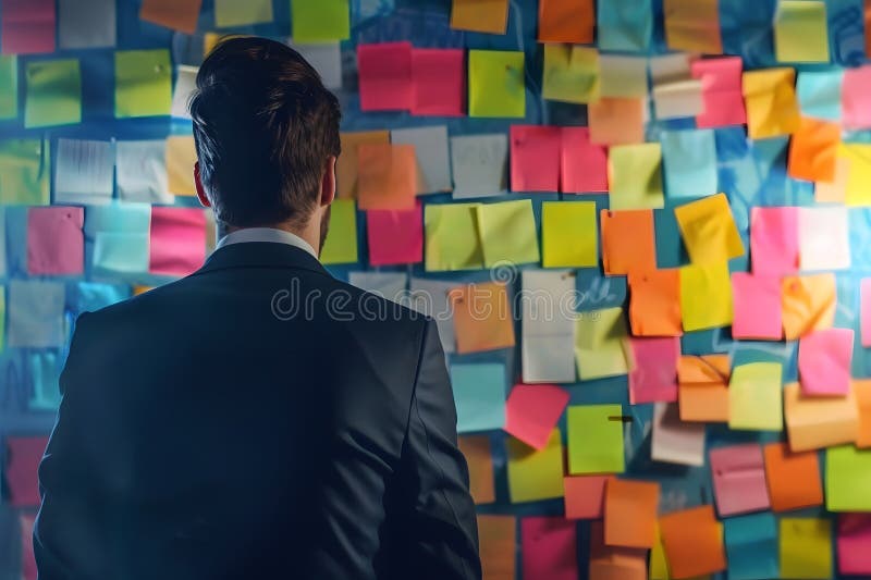Man Looking at Wall of Sticky Notes Stock Photo - Image of ...