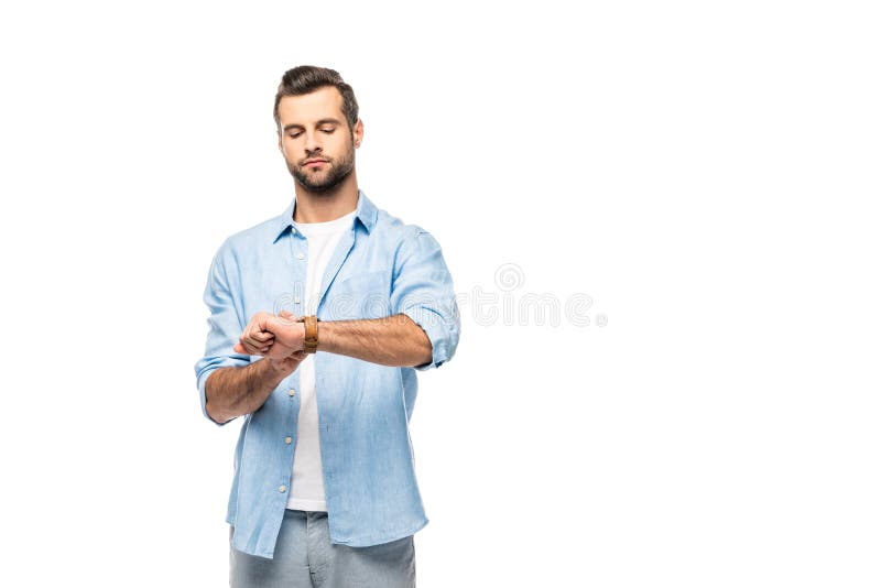 Man Looking at Watch Isolated on White Wih Copy Space Stock Image ...