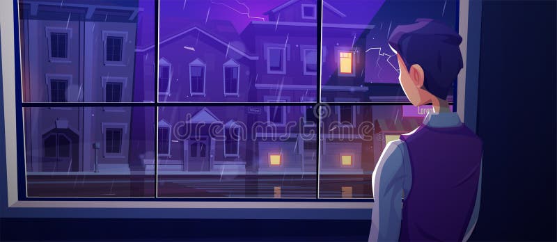 Man Looking At Window At Rain On City Street Stock Vector