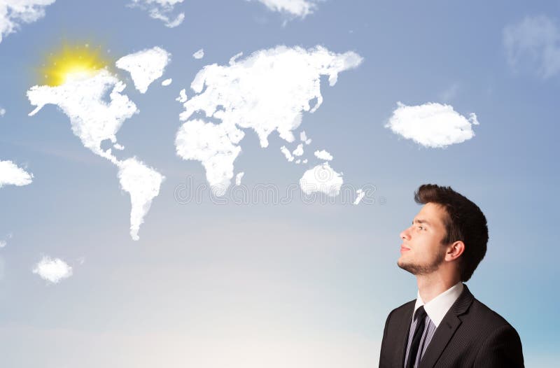 Man Looking at World Clouds and Sun on Blue Sky Stock Image - Image of ...