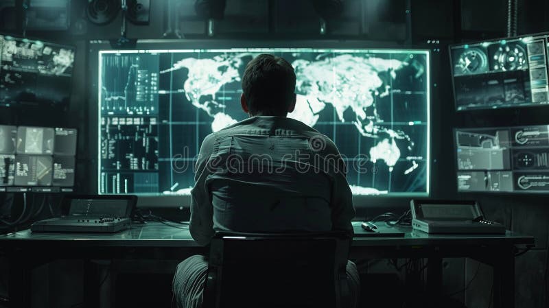 Man Looking at World Map on Screen Stock Illustration - Illustration of ...