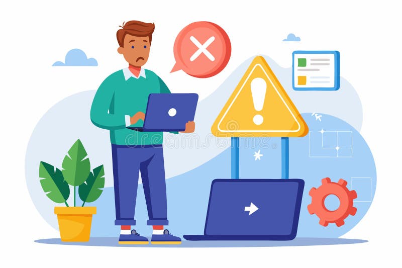 A Man Looks Concerned while Holding a Laptop Next To an Error Sign ...