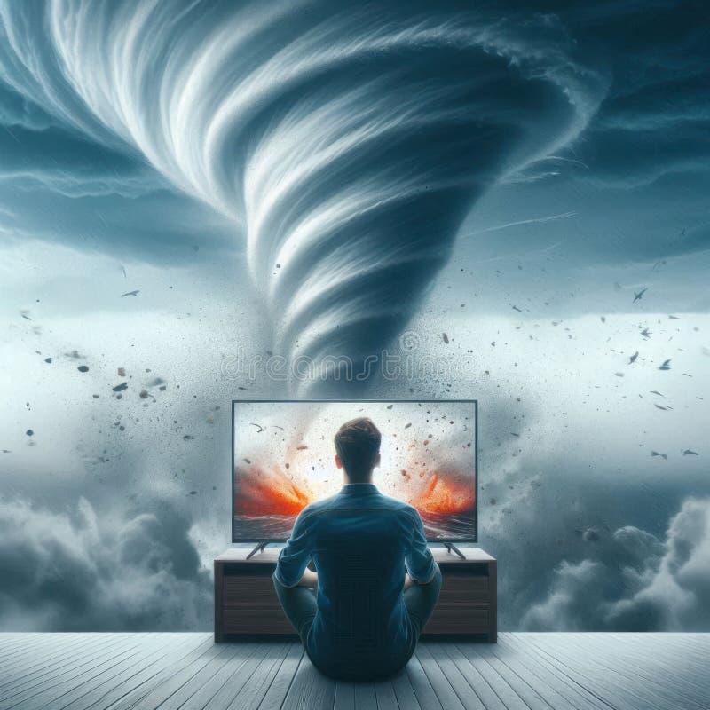 A Man Looks at a Devastating Tornado through a TV Screen. Stock Image ...