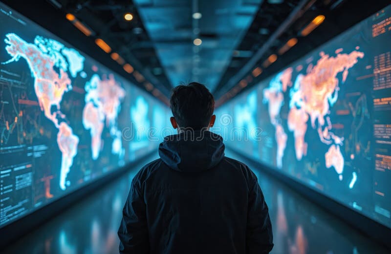 Man Looks at Global Network Data on Huge Screens. Modern Tech, Data ...