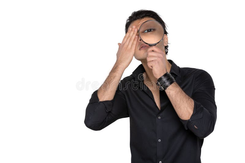 Man Looks with One Eye through Magnifying Glass Stock Photo - Image of ...
