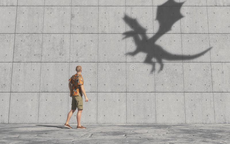 Man Looks at the Shadow of a Dragon on the Wall. Stock Illustration ...