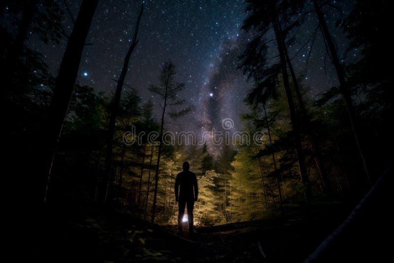 Man Looks at the Starry Sky in the Forest Generative Ai Stock ...