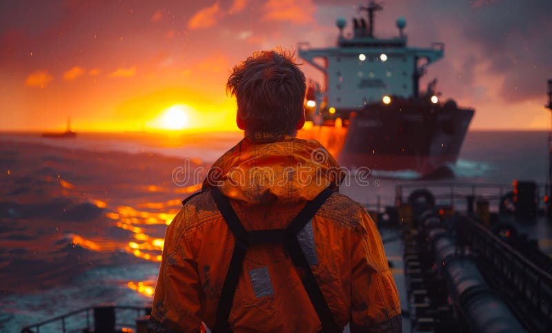 Man Looks at Tanker Ship at Sunset Stock Image - Image of landscape ...