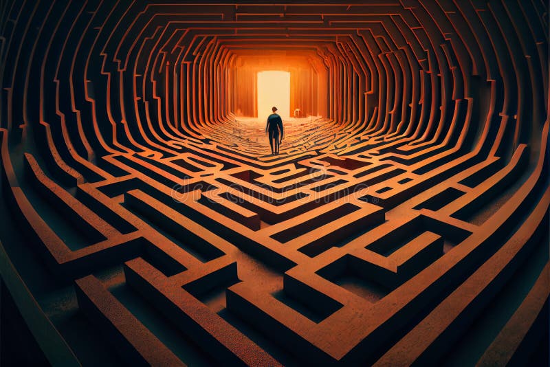 Man Lost in a Complex Labyrinth. Path To the Target Stock Illustration ...