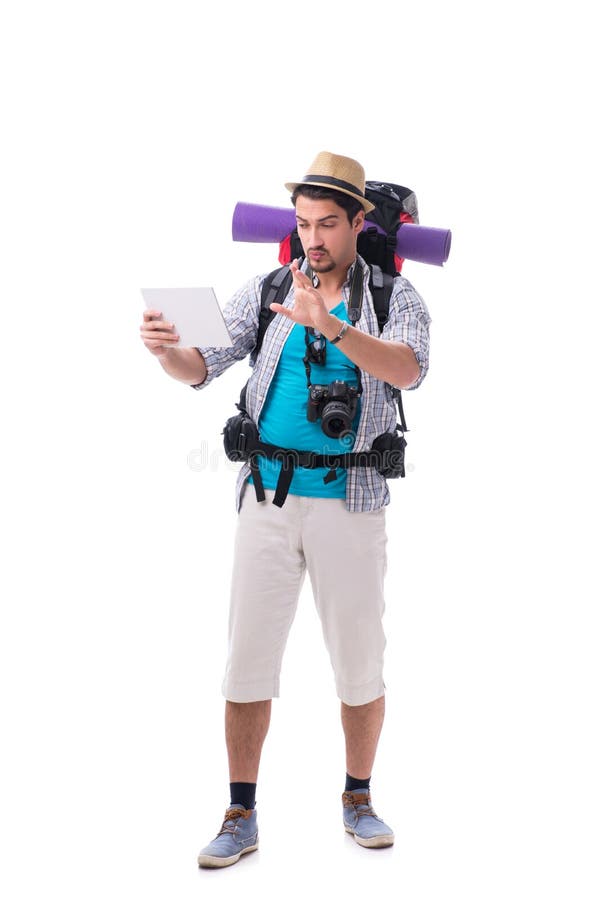 The Man Lost and Looking for Direction with Map on White Stock Photo ...