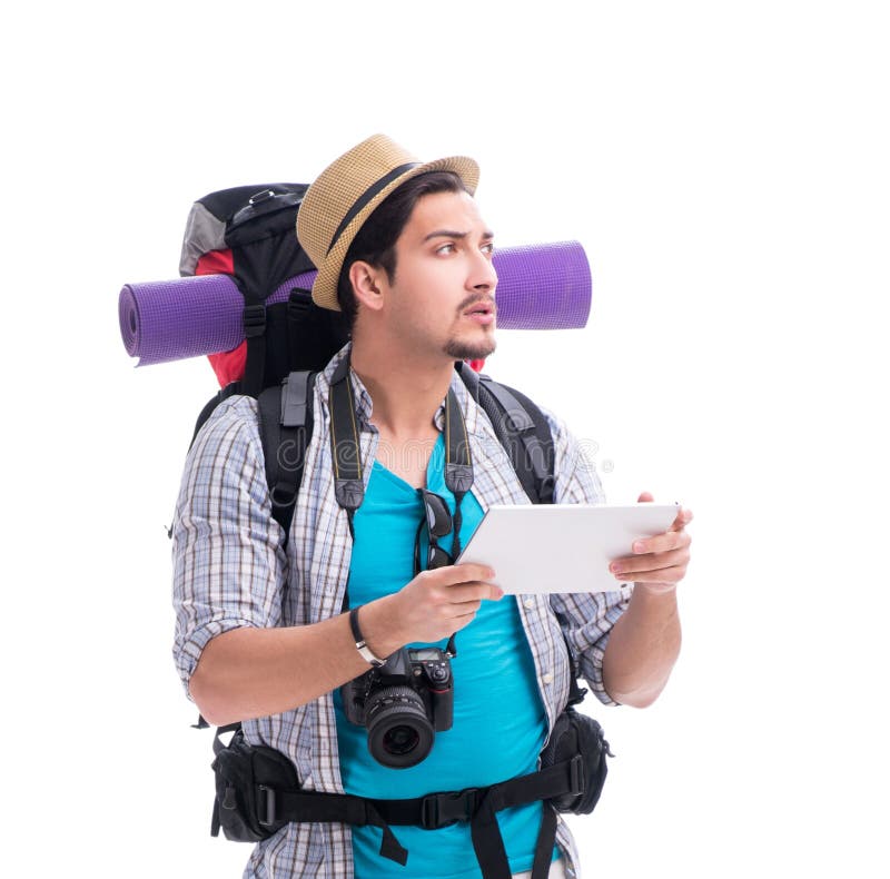Man Lost and Looking for Direction with Map on White Stock Photo ...