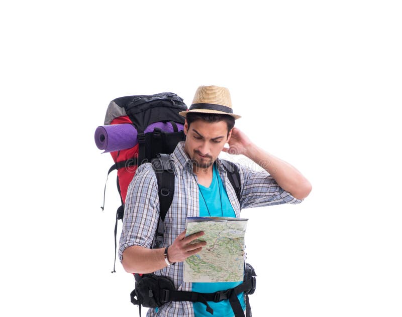 Man Lost and Looking for Direction with Map on White Stock Photo ...