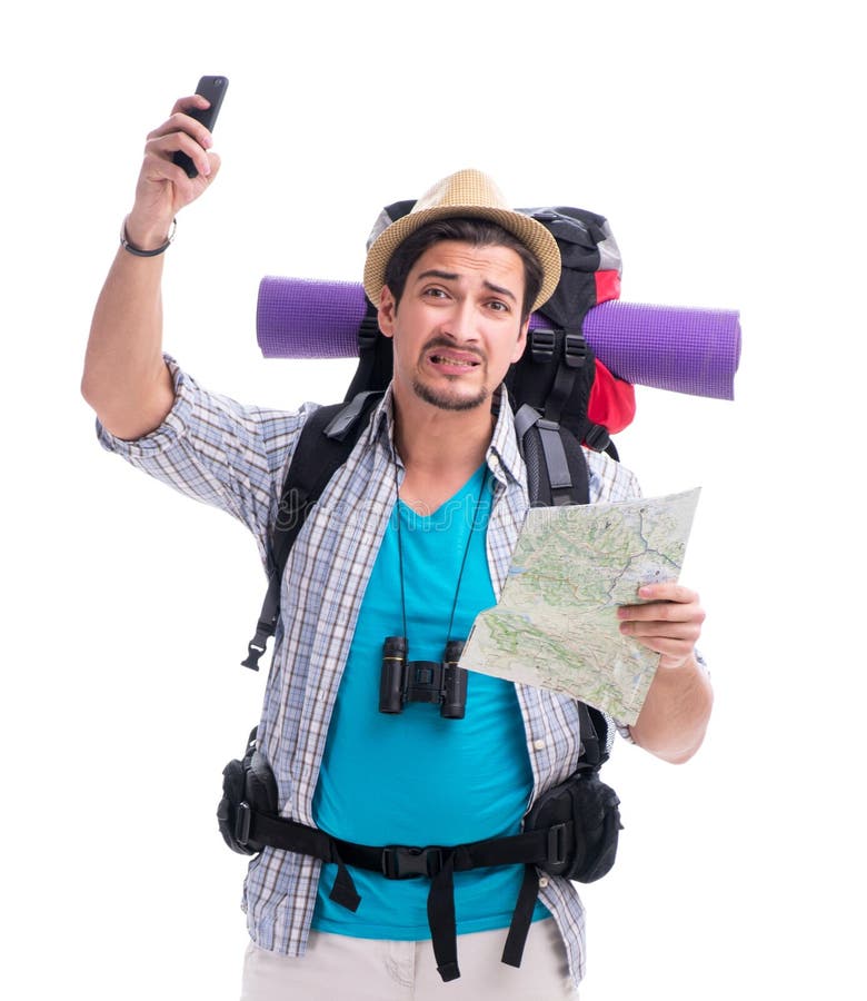 Man Lost and Looking for Direction with Map on White Stock Photo ...