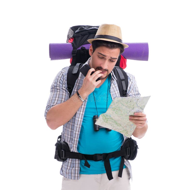 Man Lost and Looking for Direction with Map on White Stock Photo ...