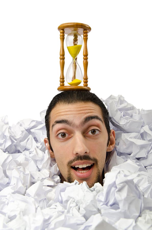 Man with Lots of Crumpled Paper Stock Photo - Image of clock, garbage ...