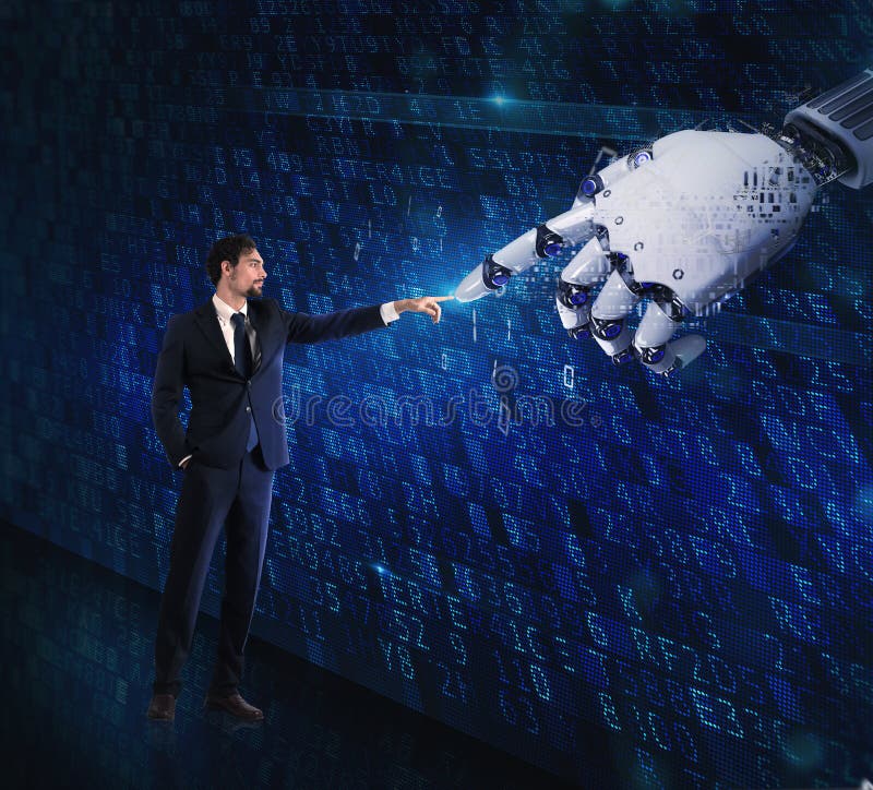 Man Machine Interaction between Human and a Digital Hand Stock Photo ...
