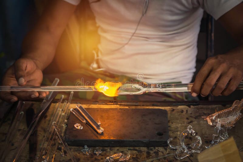 Man Made Hand Craft from Glass Blowing with Fire Blower Stock Image ...