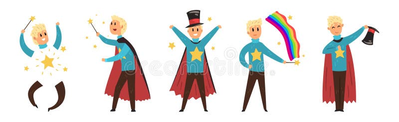 Man Magician Character Show Trick and Magic Vector Set Stock ...