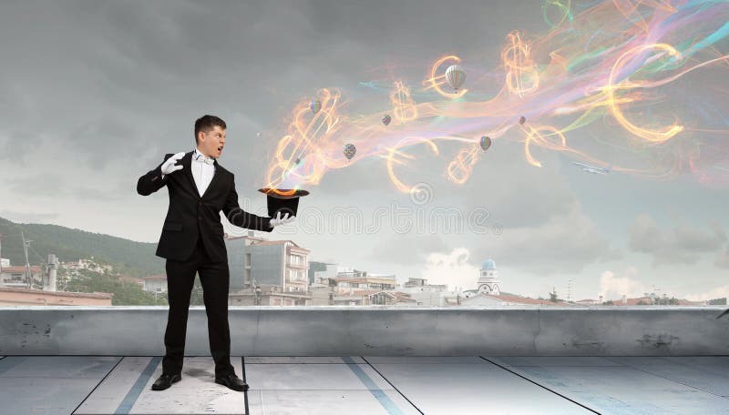 Man Magician with Cylinder Hat Stock Image - Image of cheerful, earn ...