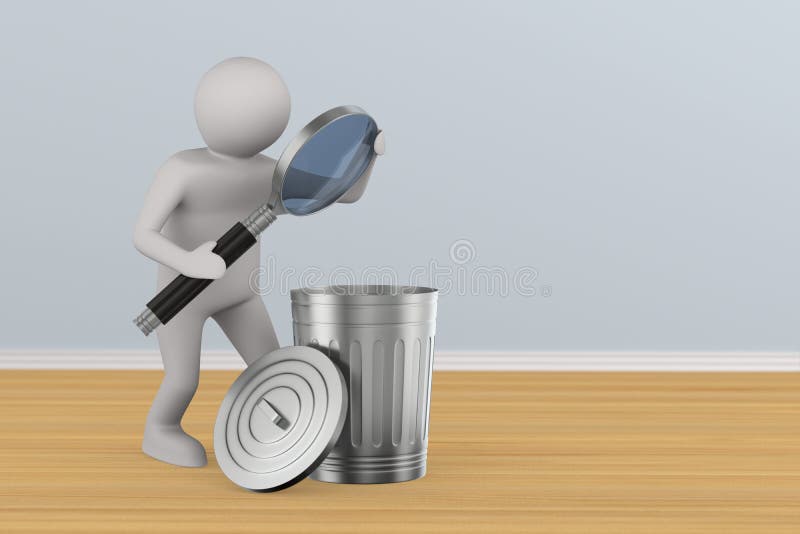 Man with Magnifier and Garbage Bin. 3D Illustration Stock Illustration ...